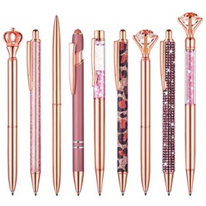 9 pcs ballpoint cute pens set leopard fancy pens liquid sand glitter pens crystal big diamond pen crown pretty pens metal slim ballpoint pens girly black ink for home wedding school office (rose gold)