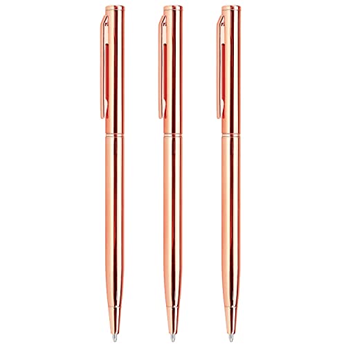 LONGKEY 3 Pack Slim Ballpoint Pens Black ink Medium Point 1.0 mm Writting Pen, Great Gift for Wedding Business Office Students Teachers Christmas (Rose Gold)