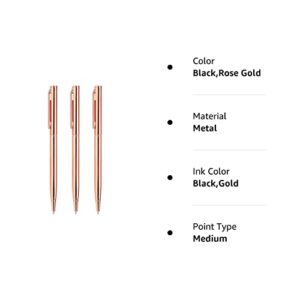 LONGKEY 3 Pack Slim Ballpoint Pens Black ink Medium Point 1.0 mm Writting Pen, Great Gift for Wedding Business Office Students Teachers Christmas (Rose Gold)