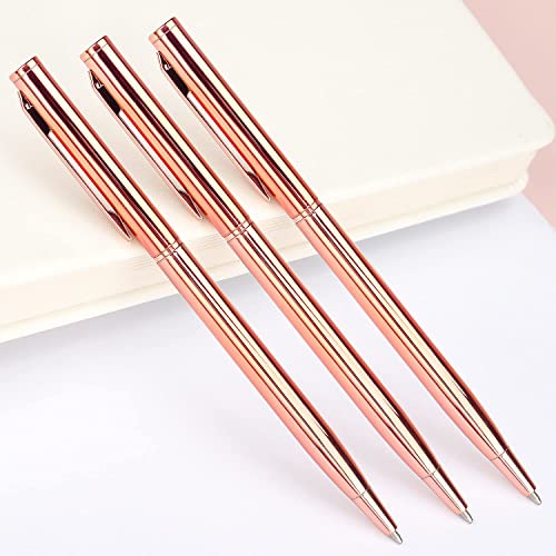 LONGKEY 3 Pack Slim Ballpoint Pens Black ink Medium Point 1.0 mm Writting Pen, Great Gift for Wedding Business Office Students Teachers Christmas (Rose Gold)