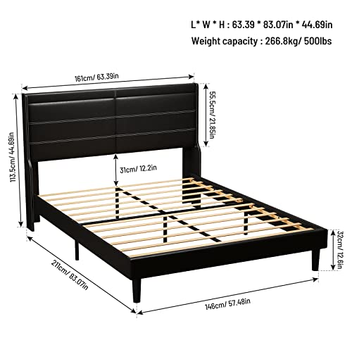 Anwickhomk Queen Size Upholstered Platform Bed with Adjustable LED Lights and Wing-Backed Headboard,Stylish PU Leather Platform Bed Frame,Strong Wooden Slats,Bed Canopy,Easy Assembly,Black