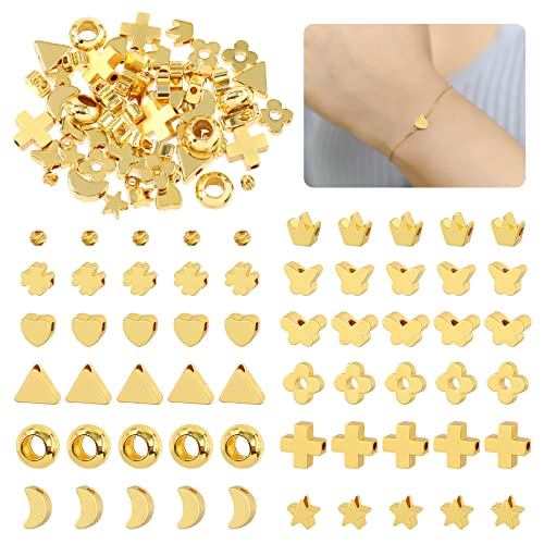 Wokape 60Pcs 12 Styles 18K Gold Plated Small Metal Beads Mixed Spacer Beads, Including Assorted Shapes, Butterfly Heart Star Flower Moon Crown Clover Triangular Beads for DIY Jewelry Making