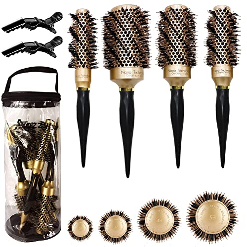 Aozzy Round Brush Set for Blow Drying, Professional Hair Styling Brush, Thermal Nano Ceramic Ionic Barrel Round Curling Brush Boar Bristle Round Hair Brush for Women