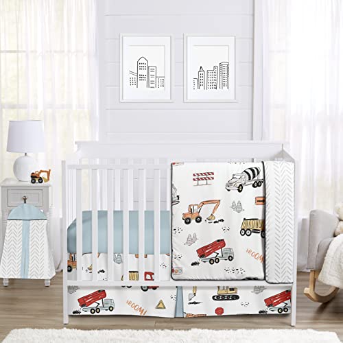 Sweet Jojo Designs Construction Truck Baby Boy Nursery Crib Bedding Set - 4 Pieces - Grey Yellow Orange Red and Blue Transportation Chevron Arrow