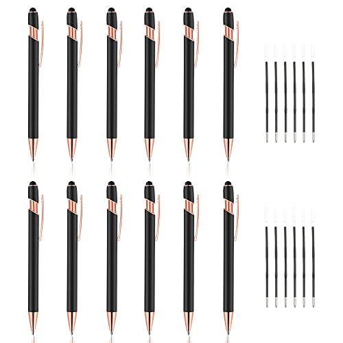 12 PCS 2 in 1 Stylus Ballpoint Pen with Stylus Tip, 1.0 mm Black Ink Metal Pen Stylus Pen for Touch Screens,12 Pens and 12 Refills (Rose Gold & Black)