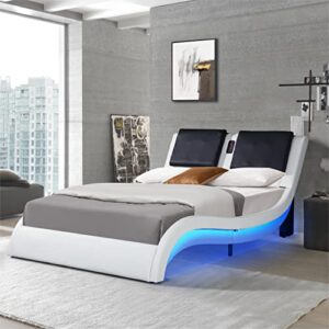 cemkar modern upholstered platform bed frame with led lighting, bluetooth playback and backrest vibration massage, faux leather wavy platform bed frame with wooden slat support white+black