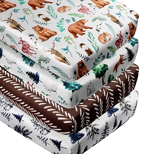 4 Pack Woodland Forest Animals Wood Neutral Unisex Fitted Baby Crib Sheets Set for Baby Boys or Girls