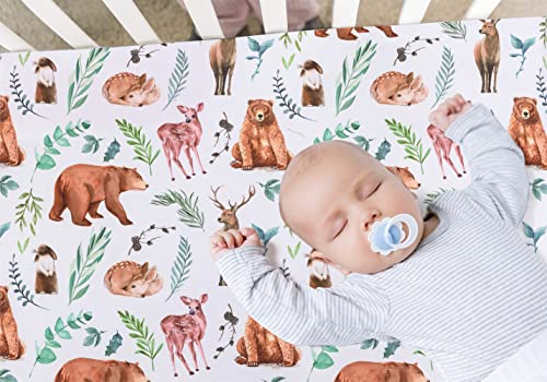 4 Pack Woodland Forest Animals Wood Neutral Unisex Fitted Baby Crib Sheets Set for Baby Boys or Girls