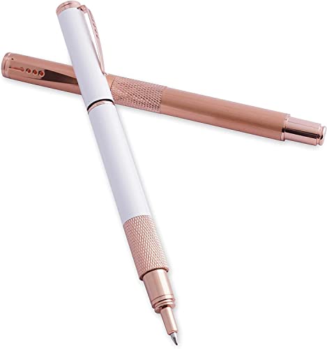 Rose Gold and White Cute Rollerball Pen Gift Set for Women - Aesthetic Writing Pen Set with Black Ink