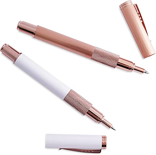 Rose Gold and White Cute Rollerball Pen Gift Set for Women - Aesthetic Writing Pen Set with Black Ink