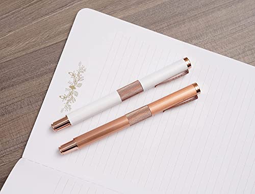 Rose Gold and White Cute Rollerball Pen Gift Set for Women - Aesthetic Writing Pen Set with Black Ink