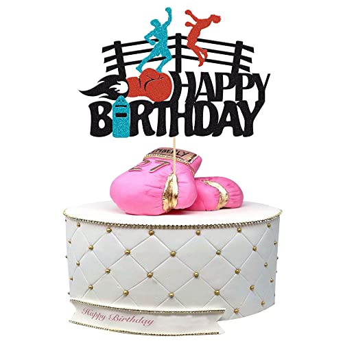 Gyufise 1 Pack Boxing Cake Topper Boxing Decorations Bout Pugilist Infighter Beat Boxing Platform Punching Bag Glove Themed Men Kids Boy Girl Birthday Party Cake Decor Happy Birthday Event Supplies