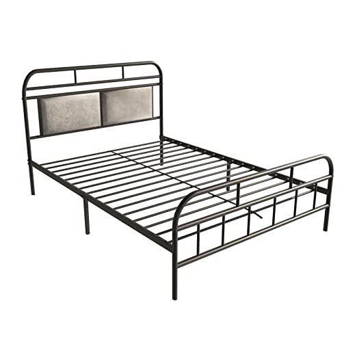 KARHIBLY Metal Queen Bed Frame with Upholstered Headboard and Footboard, Modern Metal Platform Bed with Premium Steel Frame, Noise-Free, No Box Spring Needed,Black