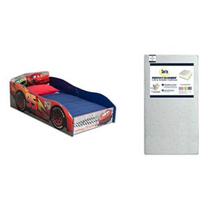 delta children disney/pixar cars wood toddler bed + serta perfect slumber dual sided recycled fiber core crib and toddler mattress (bundle)