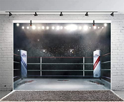 LFEEY 7x5ft Lighting 3D Boxing Arena Photo Backdrop Sports Competition Stadium Cheer Audience Professional Boxing Match Ring Photography Background Boys Men Sportsman Photo Studio Props