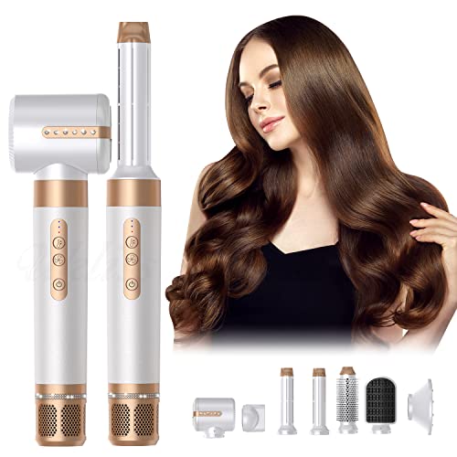 Hot Air Hair Blow Dryer Brush Set, 7 in 1 Hot Air Brush Styler Dryer and Volumizer with Negative Ion Anti-frizz 110,000 RPM High Speed Hair Brush Blow Dryer Straightener for Women, Gold White