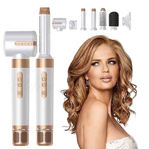 Hot Air Hair Blow Dryer Brush Set, 7 in 1 Hot Air Brush Styler Dryer and Volumizer with Negative Ion Anti-frizz 110,000 RPM High Speed Hair Brush Blow Dryer Straightener for Women, Gold White