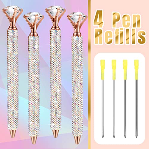 Lincia 4 Pcs Diamond Pens with Crystal Bling Metal Ballpoint Pens Bridal Shower Retractable Black Ink Rhinestone Writing Pens with Replacement Refills for Women Wedding Office Birthday (AB Color)