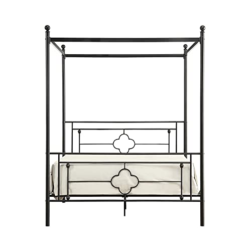 Priyas Home Black Metal Canopy Frame Quatrefoil Pattern Platform Bed with Ball Finials, Queen Size