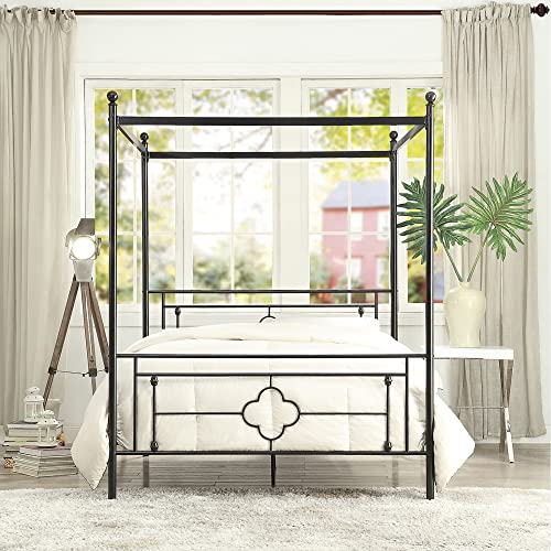 Priyas Home Black Metal Canopy Frame Quatrefoil Pattern Platform Bed with Ball Finials, Queen Size