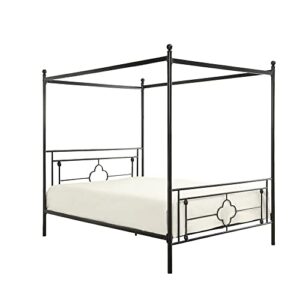 Priyas Home Black Metal Canopy Frame Quatrefoil Pattern Platform Bed with Ball Finials, Queen Size