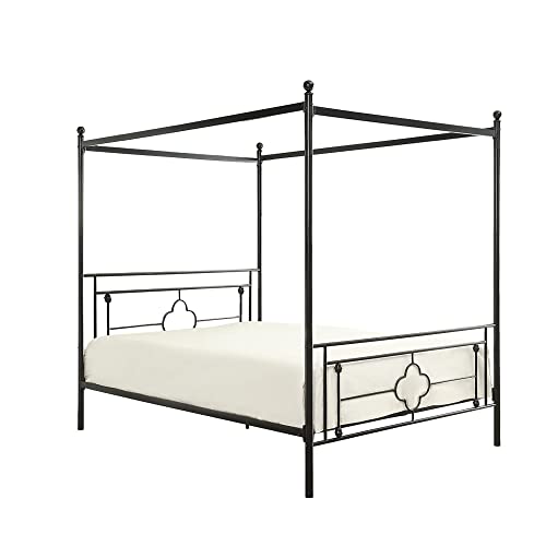 Priyas Home Black Metal Canopy Frame Quatrefoil Pattern Platform Bed with Ball Finials, Queen Size