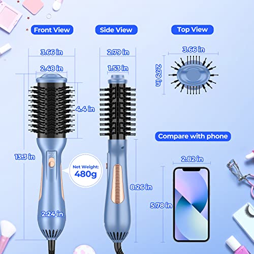 Hair Brush Blow Dryer, One-Step Hair Dryer & Volumizer Styler with Negative Ion Anti-frizz Ceramic Titanium Barrel Hot Air Brush Hair Straightener Brush Blue for Drying, Straightening, Curling, Salon