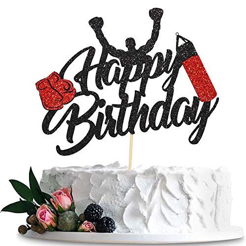 Qerleny Boxing cake topper, boxing theme cake topper, boxing happy birthday party supplies sparkling black decoration