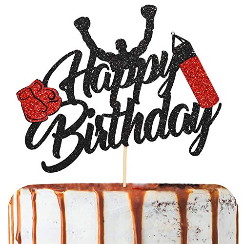 Qerleny Boxing cake topper, boxing theme cake topper, boxing happy birthday party supplies sparkling black decoration