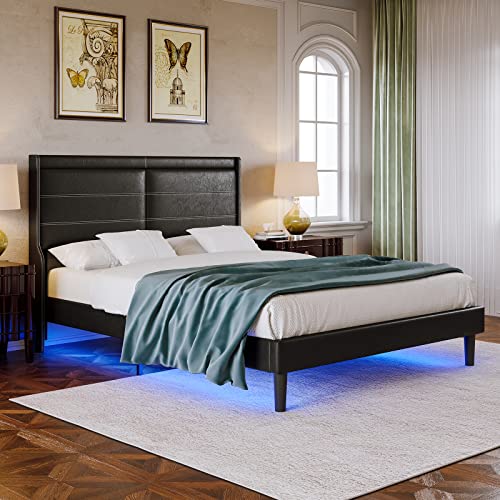 Upholstered LED Bed Frame Queen with Wing-Backed Headboard, PU Leather Queen Size Platform Bed Frame with LED Lights, Strong Wood Slats Support, No Box Spring Needed, Easy Assembly, Antique Black