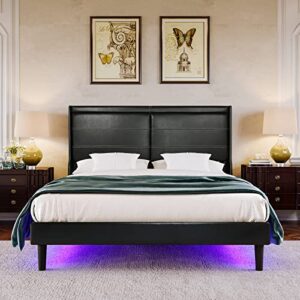 Upholstered LED Bed Frame Queen with Wing-Backed Headboard, PU Leather Queen Size Platform Bed Frame with LED Lights, Strong Wood Slats Support, No Box Spring Needed, Easy Assembly, Antique Black