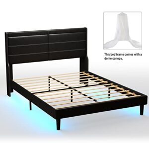 Upholstered LED Bed Frame Queen with Wing-Backed Headboard, PU Leather Queen Size Platform Bed Frame with LED Lights, Strong Wood Slats Support, No Box Spring Needed, Easy Assembly, Antique Black