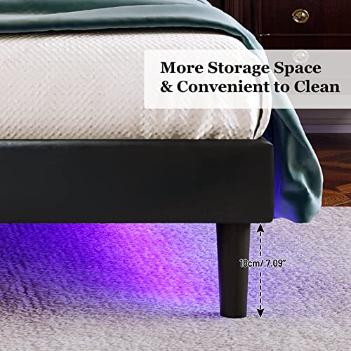 Upholstered LED Bed Frame Queen with Wing-Backed Headboard, PU Leather Queen Size Platform Bed Frame with LED Lights, Strong Wood Slats Support, No Box Spring Needed, Easy Assembly, Antique Black