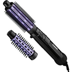 conair 2 in 1 hot air brush, with 1.5" aluminum barrel and 1" natural boar and nylon bristle brush attachment, with cool tip, and safety stand, and three position switch, with tangle free cord