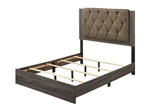 Epinki Queen Bed, Fabric & Rustic Gray Oak, Wood, Bed Frame, Easy Assembly