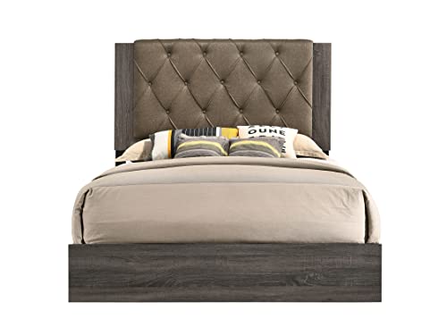 Epinki Queen Bed, Fabric & Rustic Gray Oak, Wood, Bed Frame, Easy Assembly