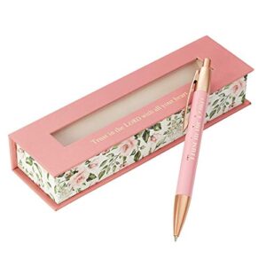 Christian Art Gifts Women's Retractable Ballpoint Scripture Pen in Case: Trust in the Lord - Proverbs 3:5 Inspirational Bible Verse with Pocket Clip, Black Ink & Matching Floral Box, Pink & Rose Gold