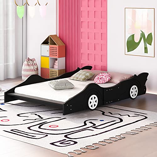 AIDEPAI Twin Size Race Car-Shaped Platform Bed with Wheels White Safe Wooden Platform Bed Frame Twin Beds Frame Bed for Kids Boys Girls Teens (Black, Twin)