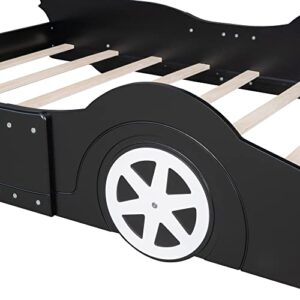 AIDEPAI Twin Size Race Car-Shaped Platform Bed with Wheels White Safe Wooden Platform Bed Frame Twin Beds Frame Bed for Kids Boys Girls Teens (Black, Twin)