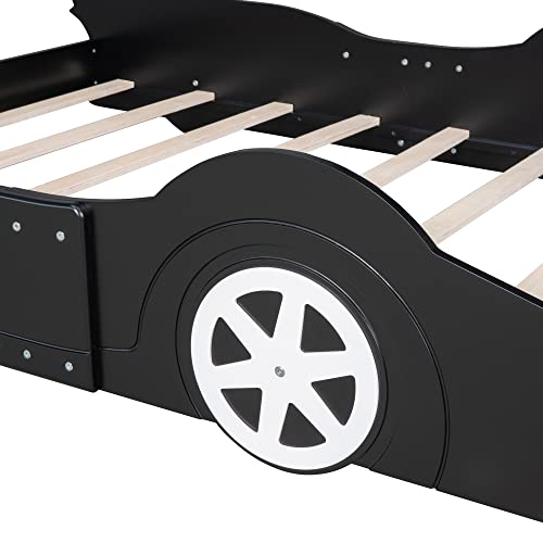 AIDEPAI Twin Size Race Car-Shaped Platform Bed with Wheels White Safe Wooden Platform Bed Frame Twin Beds Frame Bed for Kids Boys Girls Teens (Black, Twin)