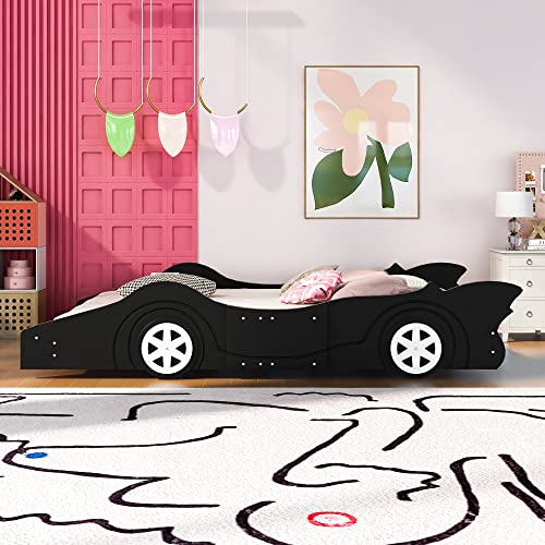 AIDEPAI Twin Size Race Car-Shaped Platform Bed with Wheels White Safe Wooden Platform Bed Frame Twin Beds Frame Bed for Kids Boys Girls Teens (Black, Twin)