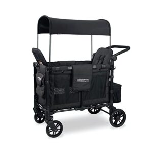 wonderfold w2 elite double stroller wagon featuring 2 high face-to-face seats with 5-point harnesses, adjustable push handle, and height adjustable uv-protection canopy, volcanic black