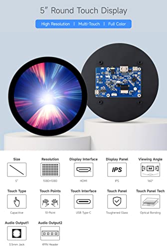 waveshare 5inch HDMI Round Touch Display, 1080 × 1080 Resolution, IPS, 10-Point Touch, Compatible with Raspberry Pi Series Board