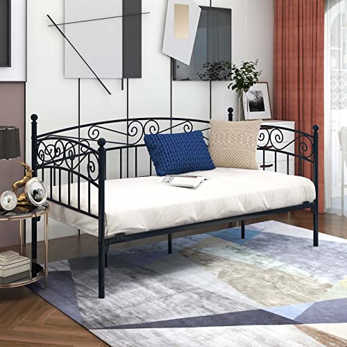 Twin Size Metal Daybed, Low Platform Sofa Bed Frame Space Saving, No Spring Box Needed for Boys Girls Teens Adults, Under Bed Storage (Black)