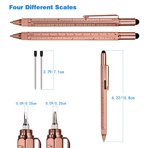 Multi Function Engineer Pen Business Gift for men, 5 in 1 Rose Gold tool ballpoint pen with Ruler, Level gauge, Ballpoint Pen, Stylus and 2 Screw Drivers, Multifunction Tool Pen Fit come in Gift Box