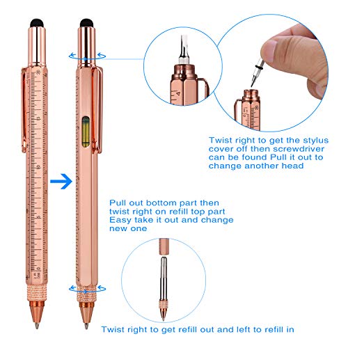 Multi Function Engineer Pen Business Gift for men, 5 in 1 Rose Gold tool ballpoint pen with Ruler, Level gauge, Ballpoint Pen, Stylus and 2 Screw Drivers, Multifunction Tool Pen Fit come in Gift Box