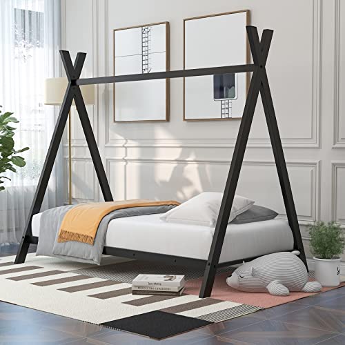 Cute Twin Bed Frame, Twin Metal Bed Frames Black Platform Bed Frame Metal Floor Play House Bed with Slat 75 Inch