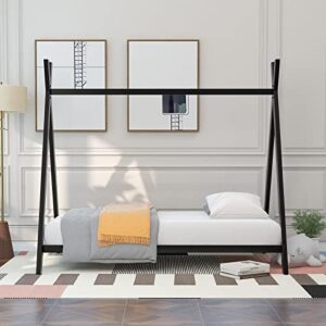 Cute Twin Bed Frame, Twin Metal Bed Frames Black Platform Bed Frame Metal Floor Play House Bed with Slat 75 Inch