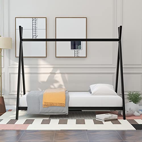 Cute Twin Bed Frame, Twin Metal Bed Frames Black Platform Bed Frame Metal Floor Play House Bed with Slat 75 Inch