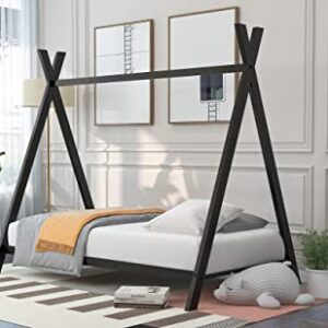 Cute Twin Bed Frame, Twin Metal Bed Frames Black Platform Bed Frame Metal Floor Play House Bed with Slat 75 Inch